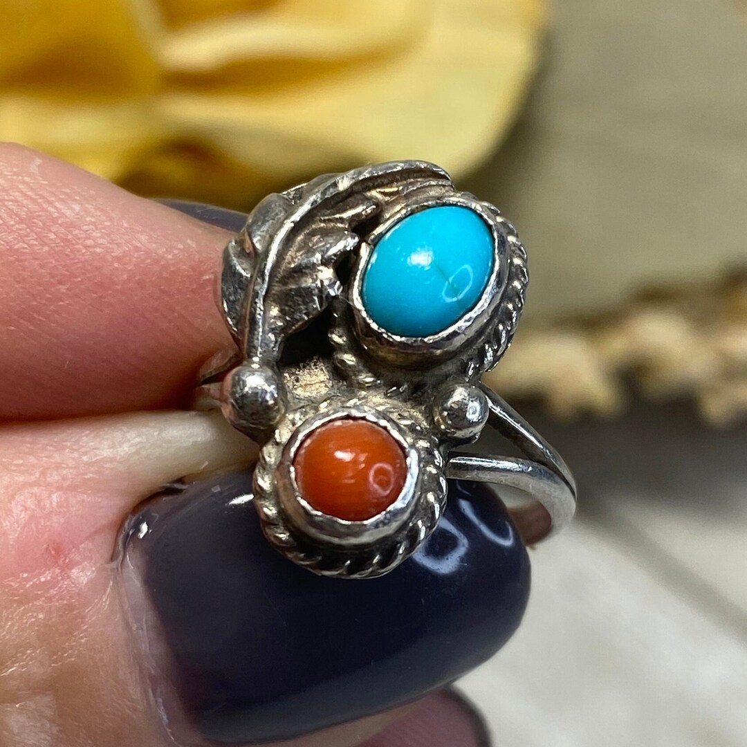 Vintage Southwest Native American Style Ring Turquoise Coral Size 5 ...