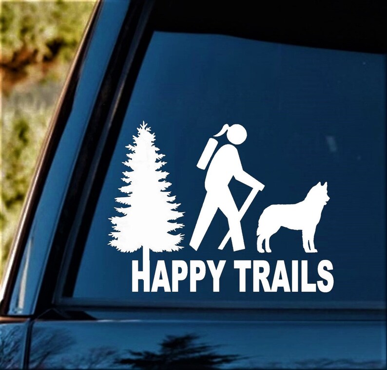 Hiker With Husky Dog Hiking Decal Sticker Happy Trails BG - Etsy