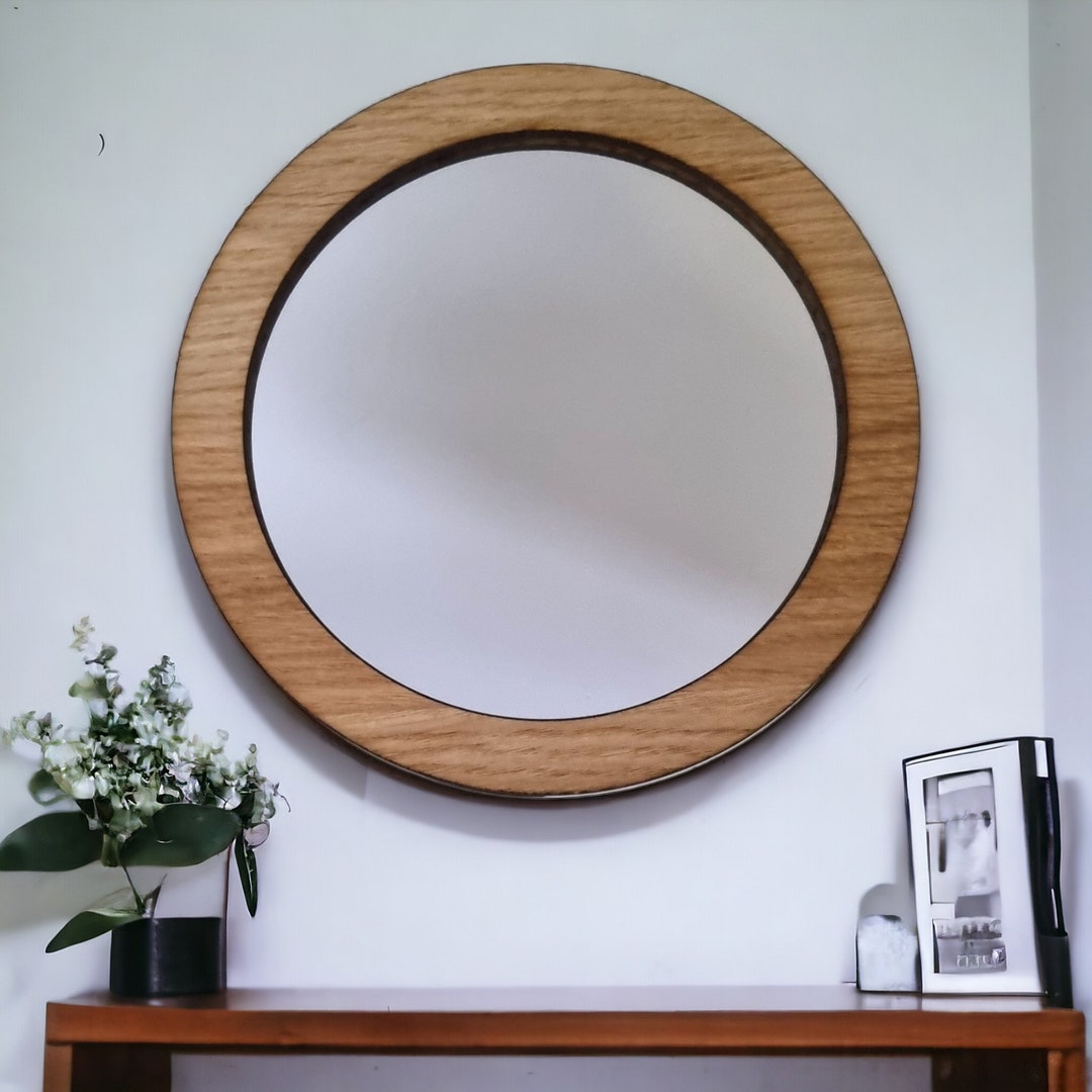 Round Wooden Framed Mirrors, Choice of Oak, Walnut or Cherry, Hooks ...