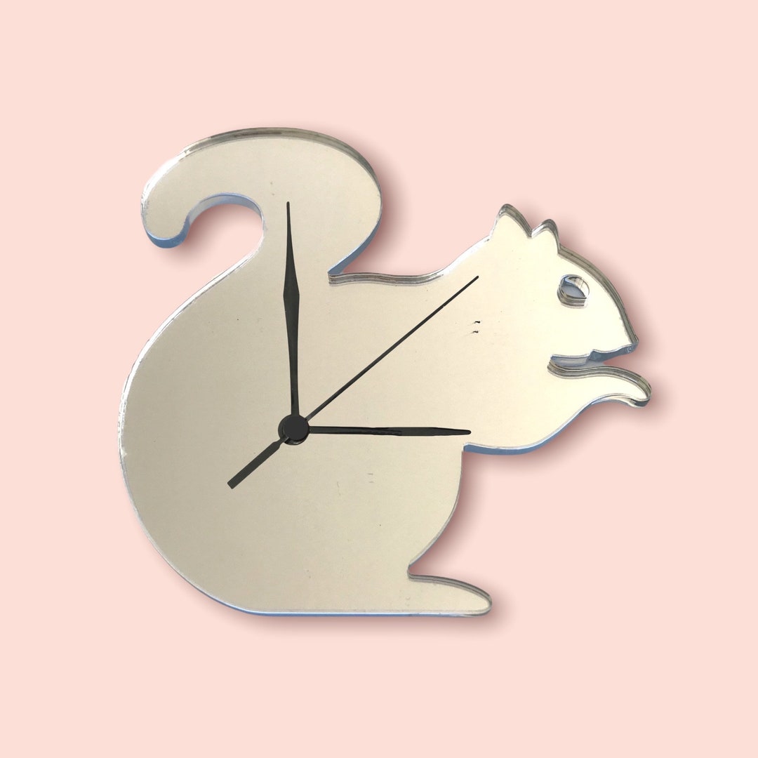 Squirrel Shaped Clocks Many Colour Mirrors and Solid Colour Choices, Personalised Engraving and ...
