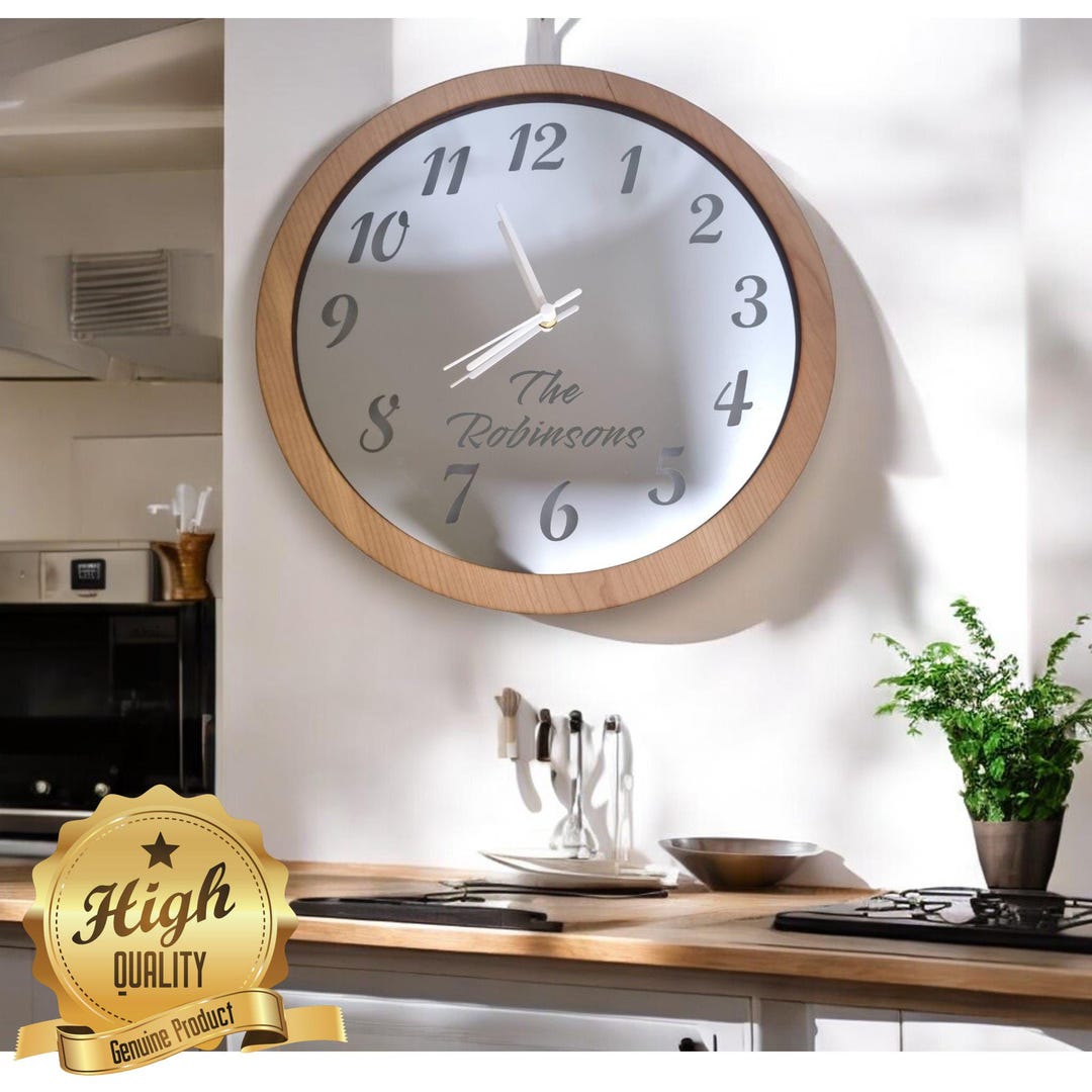 Wood & Mirror Round Numbered Circle Clocks - Silent Sweep Movement ...