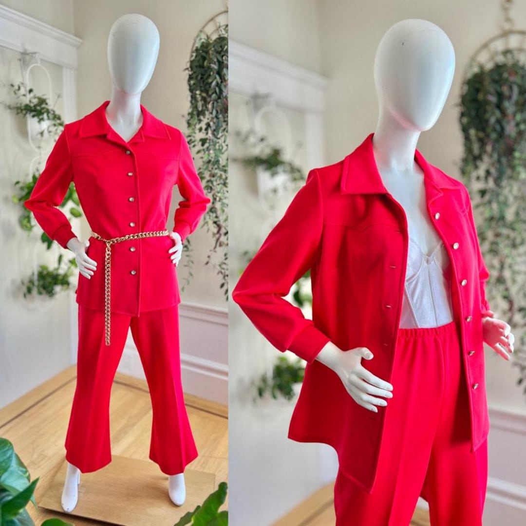 Vintage 1970s Pant Suit | 70s Hot Pink Knit Polyester Jacket Blazer ...
