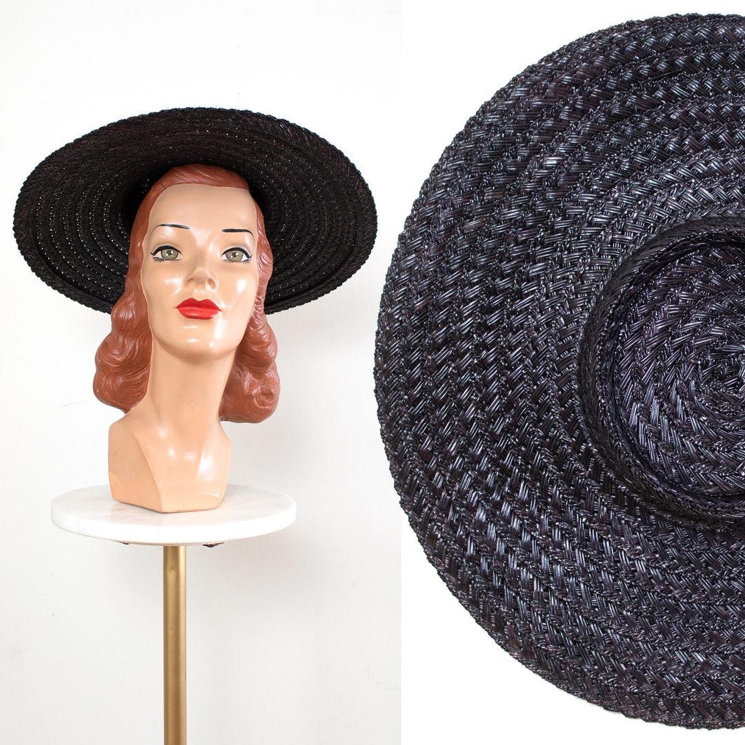 Vintage 1970s Sun Hat | 70s Does 1950s Black Straw Wide Brim Summer ...