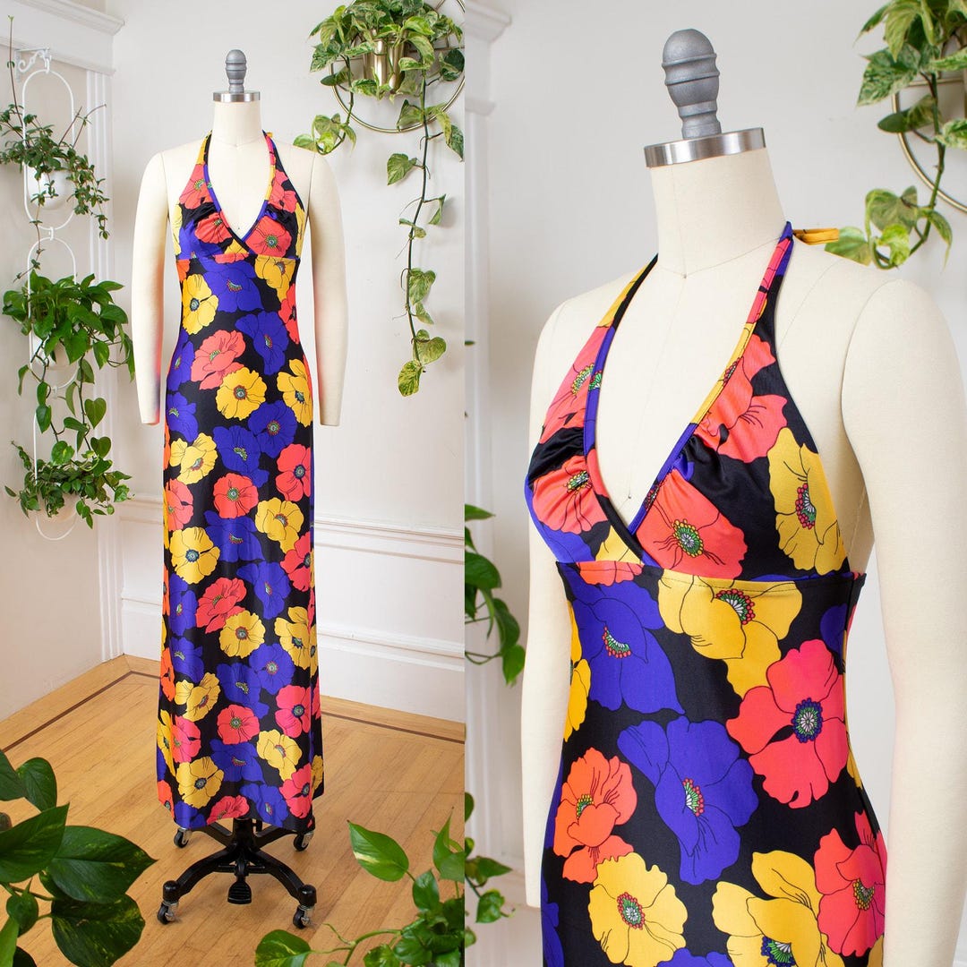 Vintage 1970s Maxi Dress | 70s Dark Floral Halter Stretchy Jersey ...