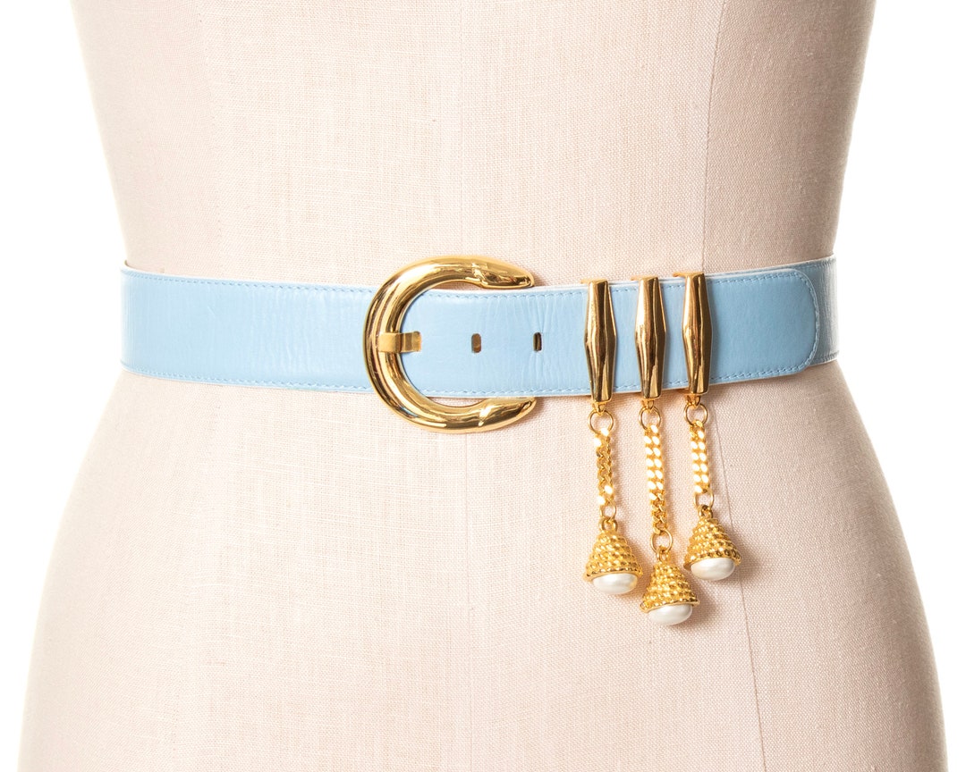 Vintage 1980s Belt | 80s ESCADA Light Blue Leather Gold Pearl Charms ...