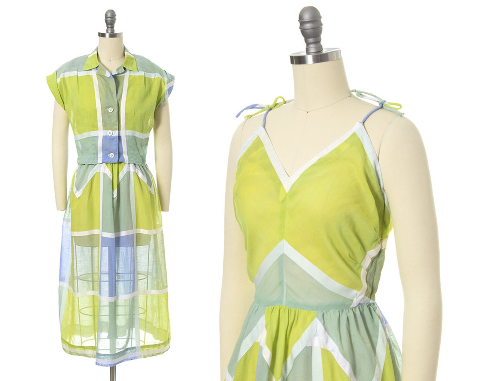 Vintage 1950s Sundress Set | 50s Color Block Windowpane Plaid Sheer ...