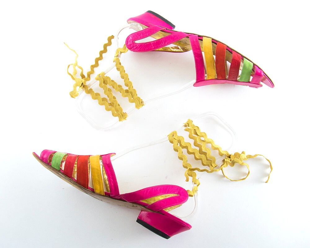 Vintage 1980s Sandals | 80s Strappy Leather Suede Rainbow Peep Toe Lace ...