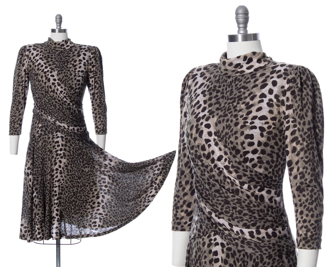 Vintage 1980s Dress | 80s Leopard Animal Print Jersey Draped Drop Waist ...