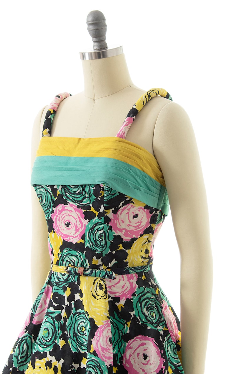 Vintage 1950s Sundress | 50s Rose Floral Printed Cotton Corded Straps ...