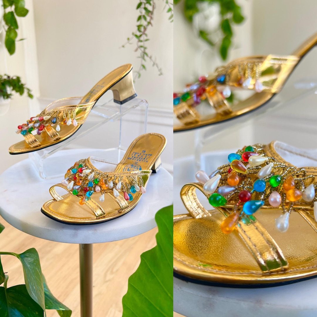 Vintage 1960s Sandals | 60s Colorful Beaded Fringe Metallic Gold ...
