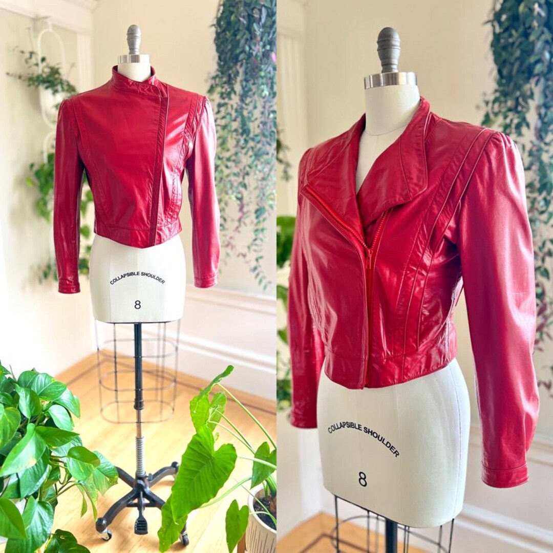 Vintage 1980s Leather Jacket 80s Red Michael Jackson Thriller Cropped ...