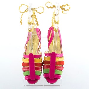 Vintage 1980s Sandals | 80s Strappy Leather Suede Rainbow Peep Toe Lace ...