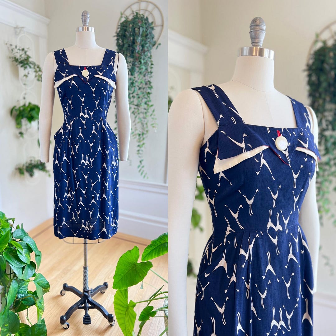Vintage 1950s Sundress 50s Roadrunner Bird Novelty Print Navy Blue ...