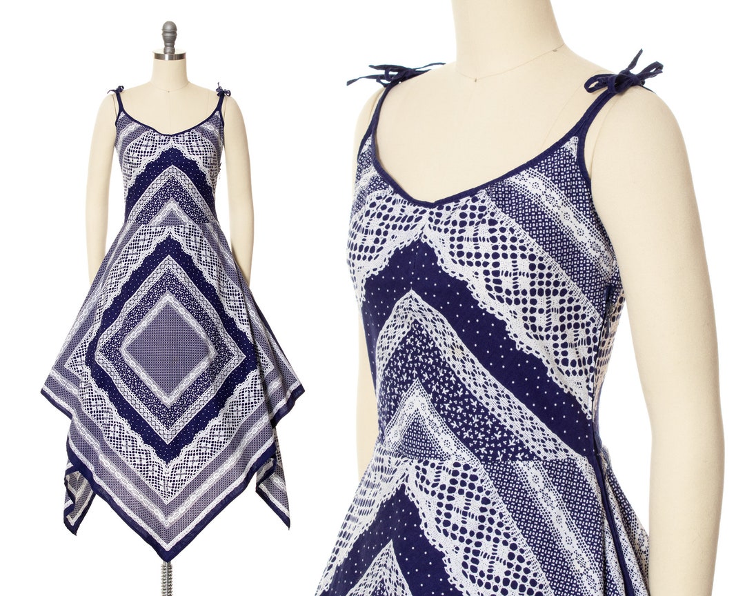 Vintage 1970s Sundress | 70s Lace Trompe L'oeil Bandana Printed Cotton ...