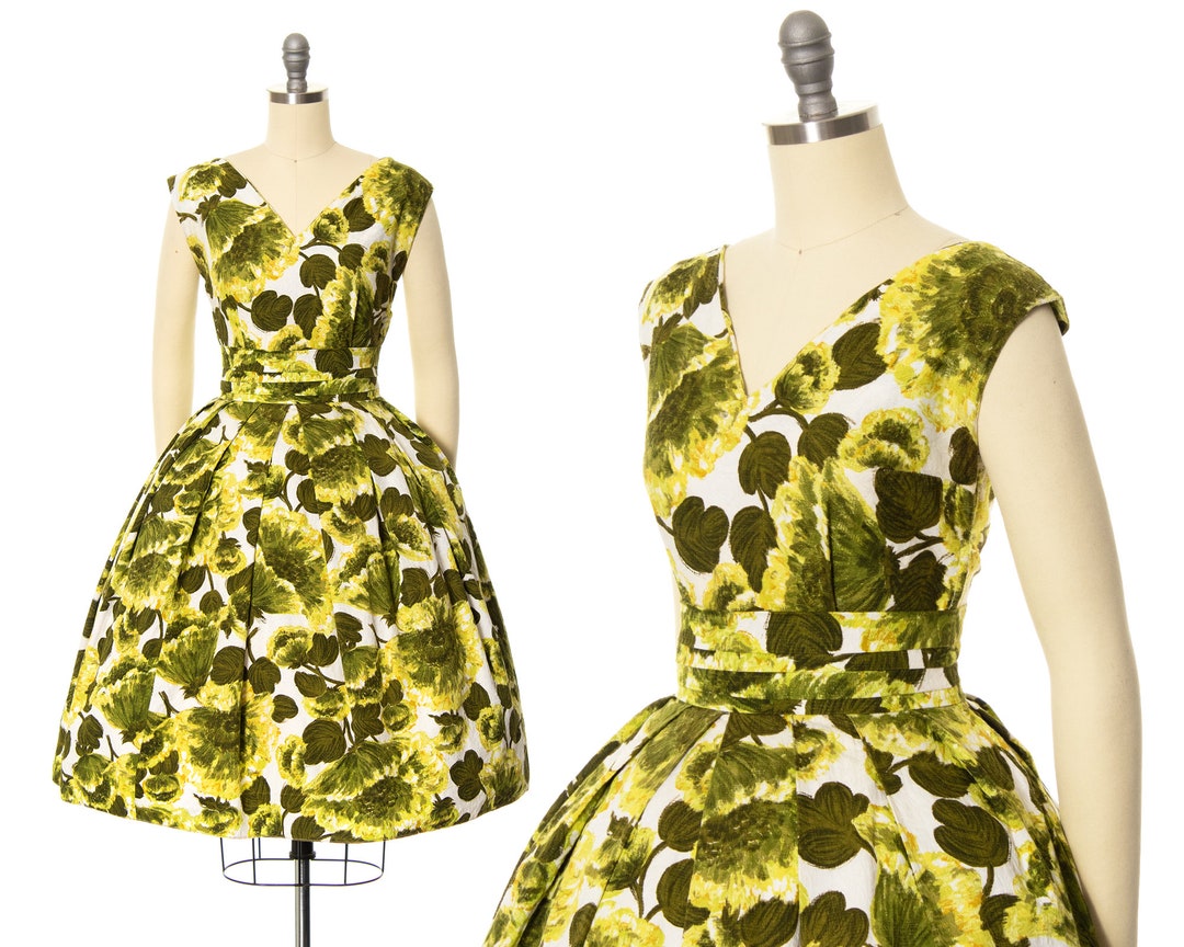 Vintage 1950s 1960s Sundress | 50s 60s Floral Printed Cotton Green ...
