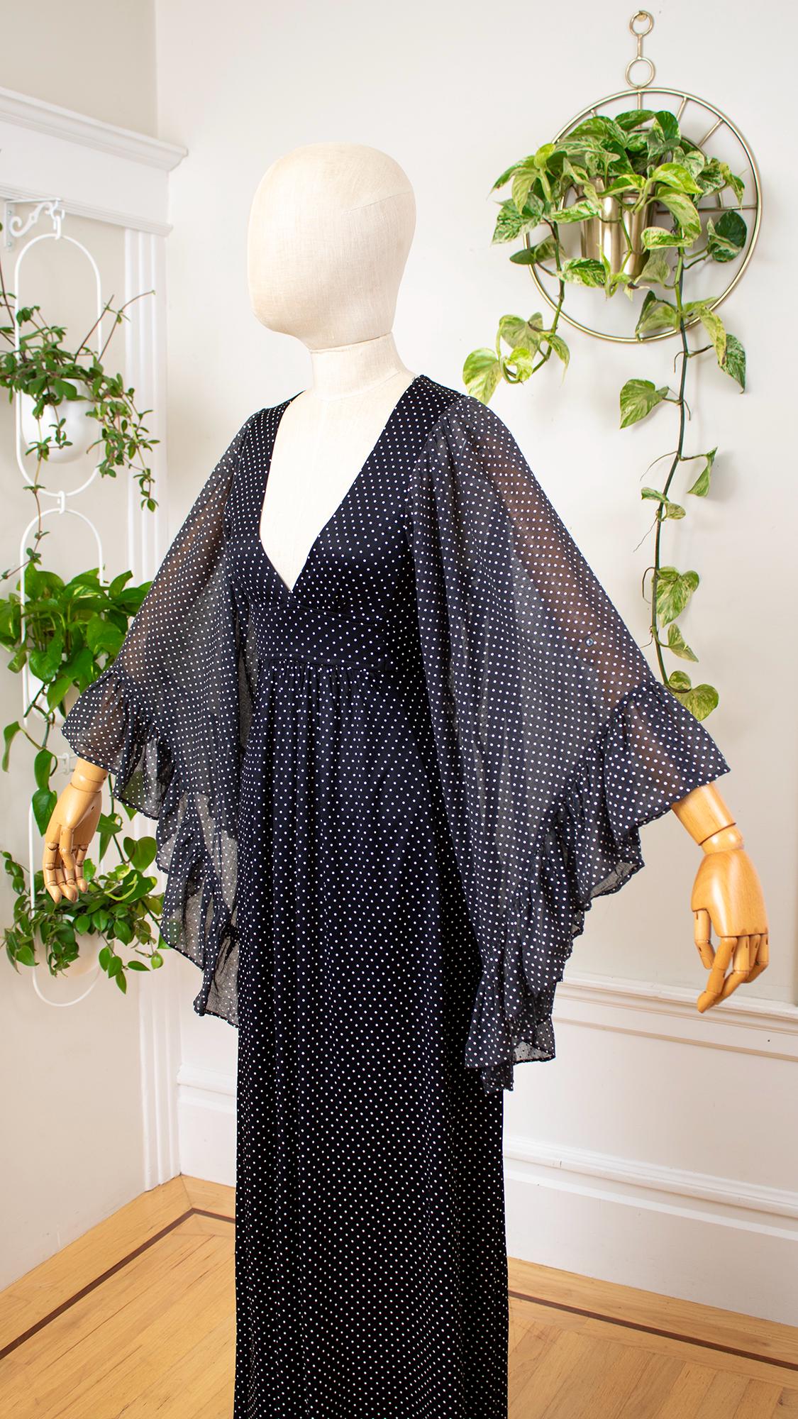 Vintage 1970s Maxi Dress | 70s Polka Dot Black Angel Sleeve Maxi ...