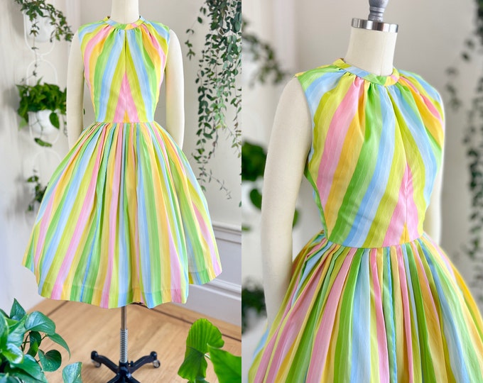 Vintage 1960s Sundress | 60s Pastel Rainbow Striped Fit and Flare ...
