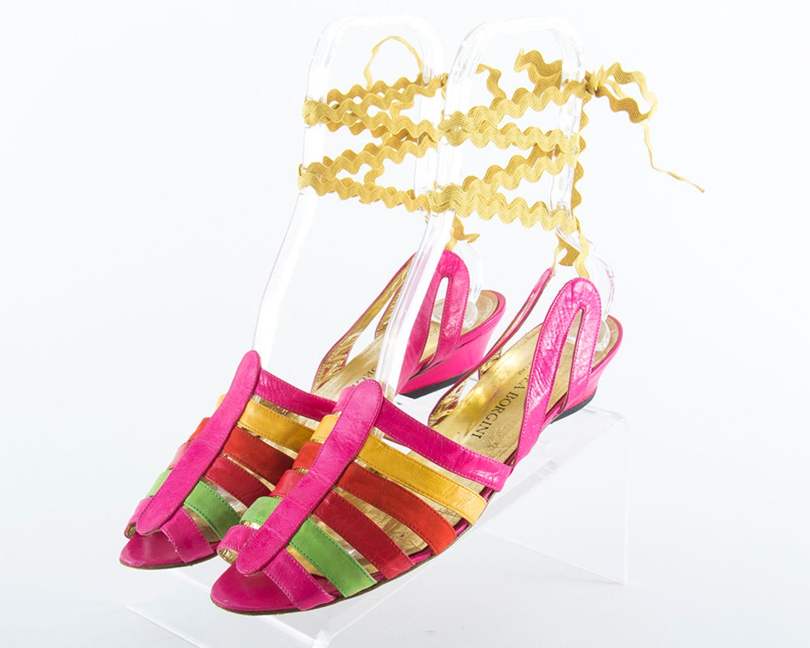 Vintage 1980s Sandals | 80s Strappy Leather Suede Rainbow Peep Toe Lace ...