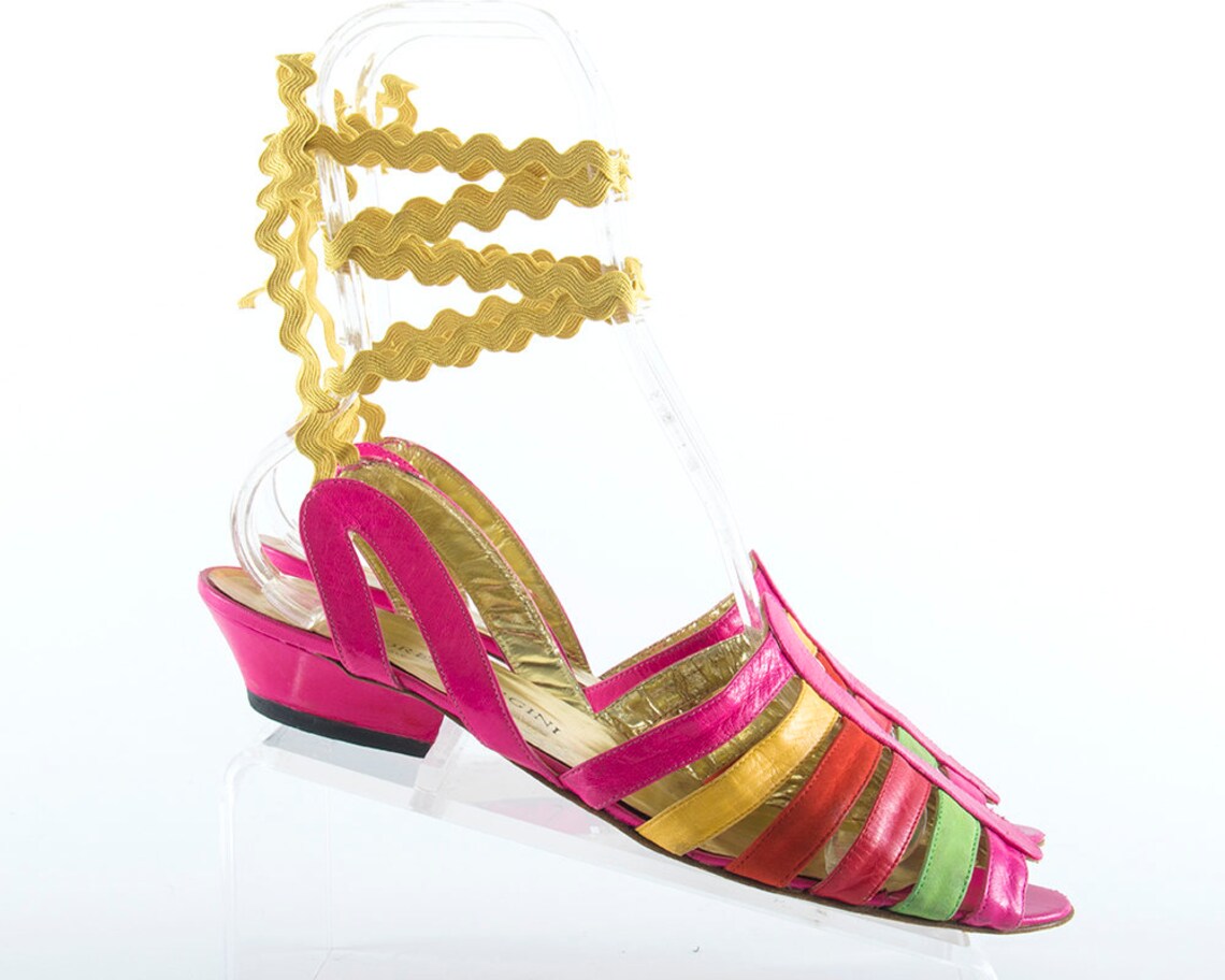 Vintage 1980s Sandals 80s Strappy Leather Suede Rainbow Peep | Etsy