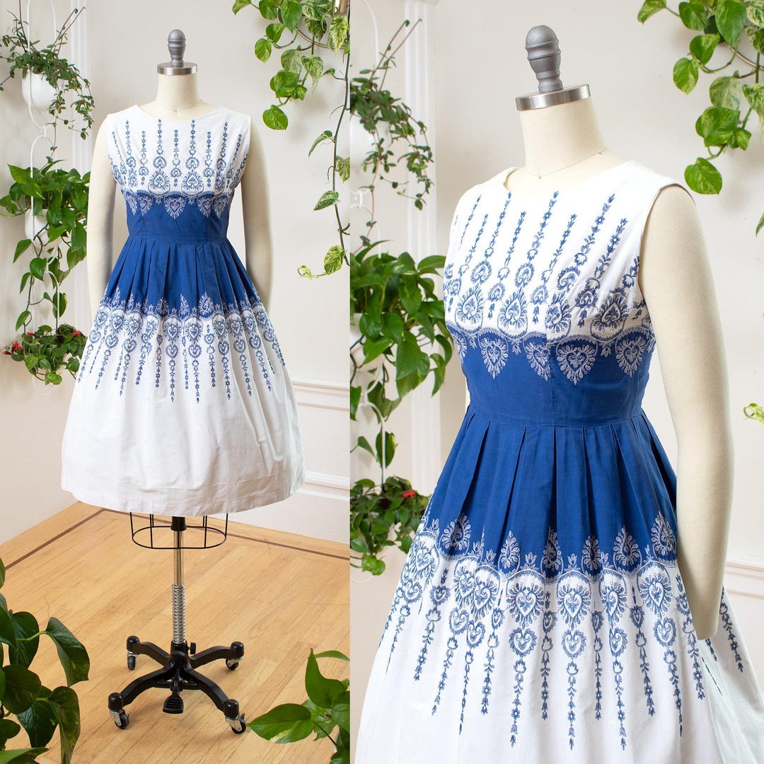 Vintage 1950s Sundress | 50s Embroidered Colorblock Cotton Blue White ...