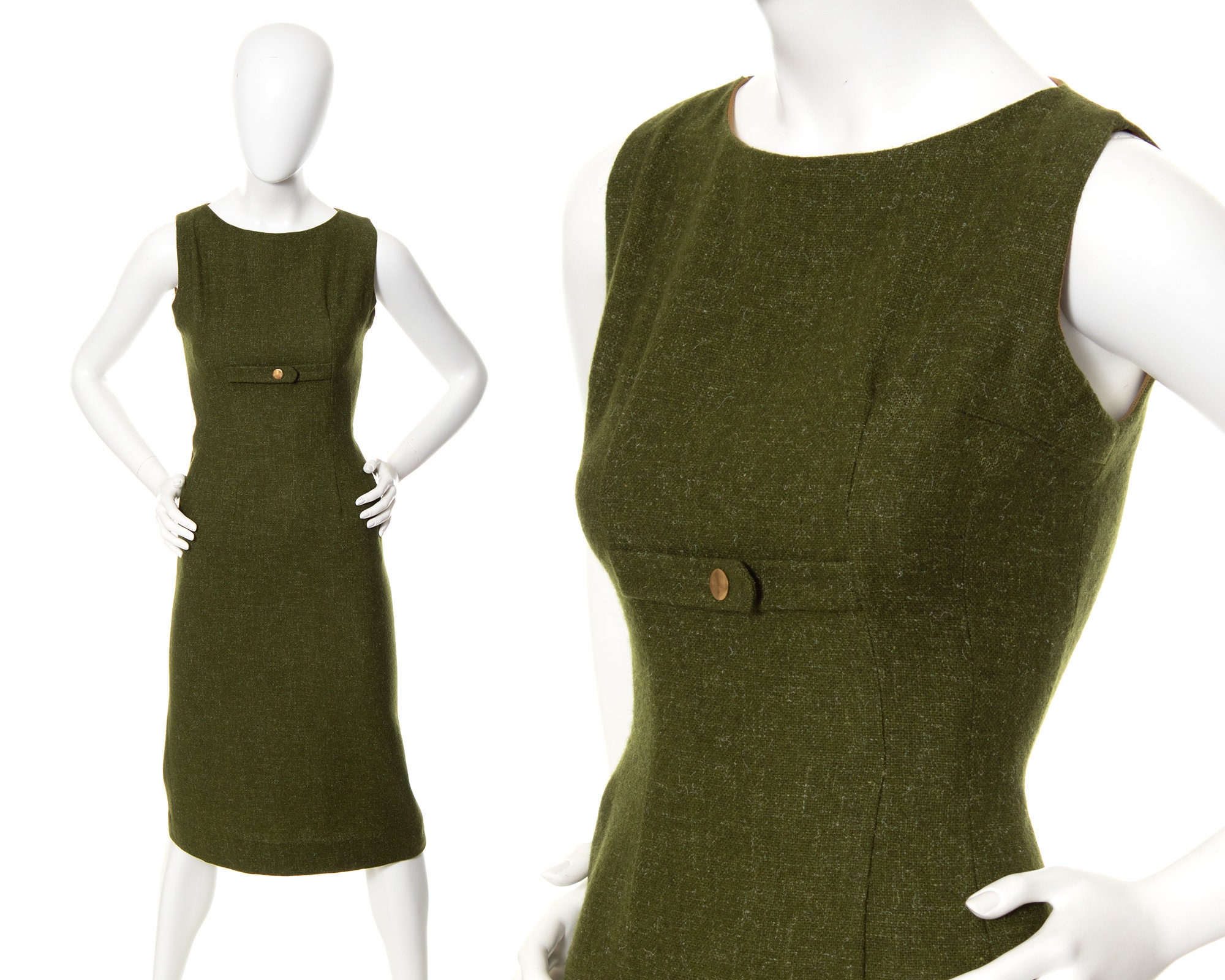 Vintage 1960s Dress | 60s Wool Dark Olive Green Wiggle Sheath Work ...