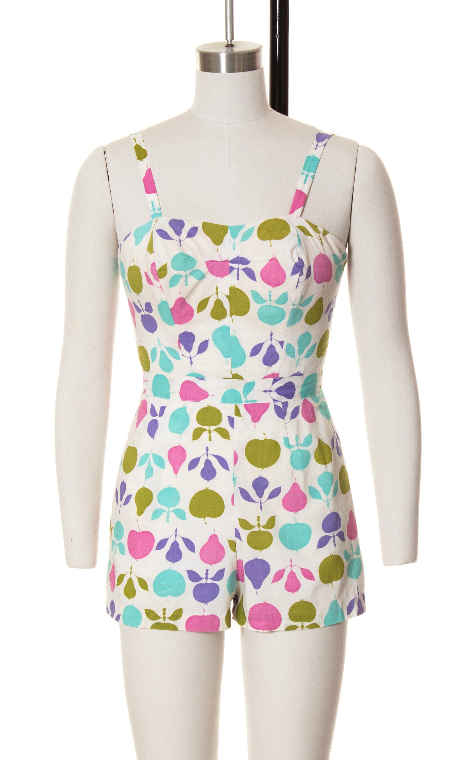 Vintage 1950s Romper | 50s Fruit Novelty Print Cotton Pastel White ...