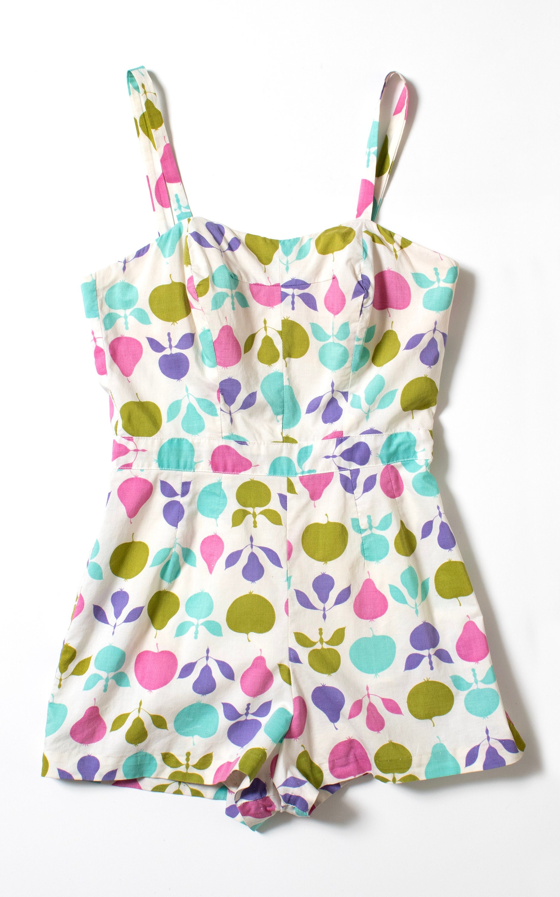 Vintage 1950s Romper | 50s Fruit Novelty Print Cotton Pastel White ...