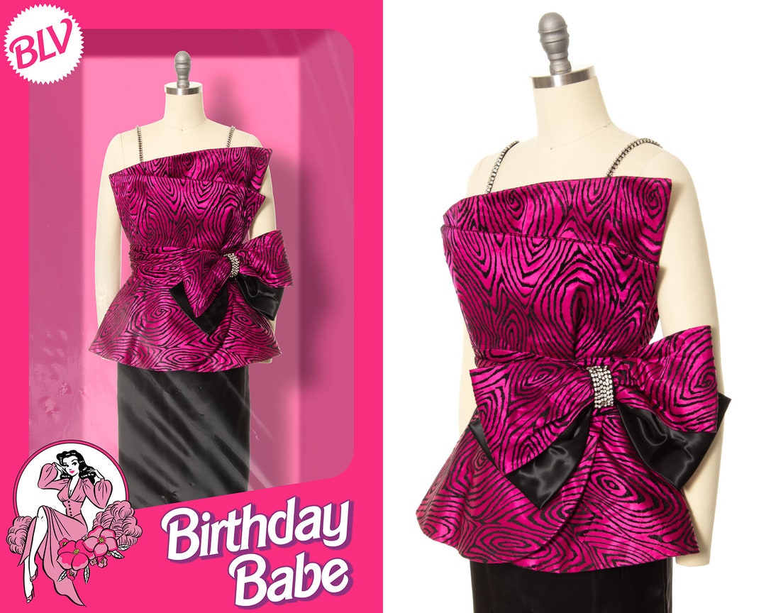 Vintage 1980s Gown | 80s Flocked Hot Pink Purple Big Bow Party Dress ...
