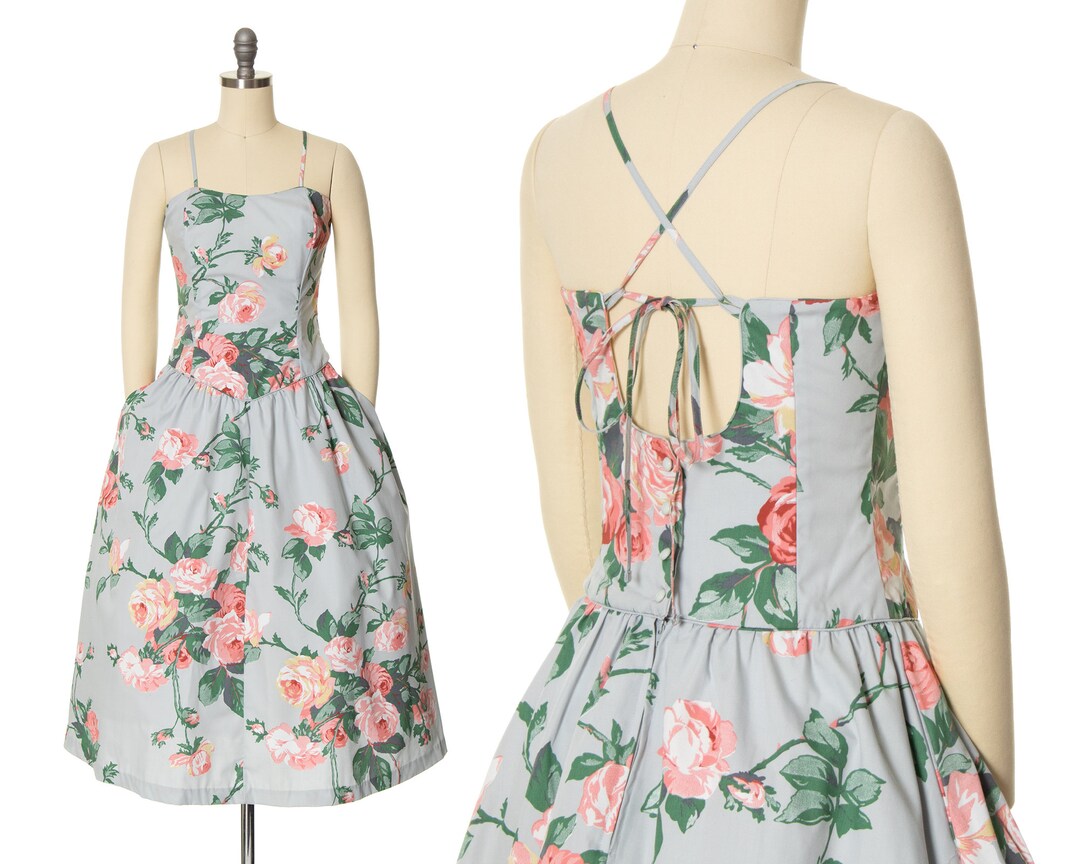 Vintage 1980s Sundress | 80s Romantic Rose Floral Print Cotton Strappy ...