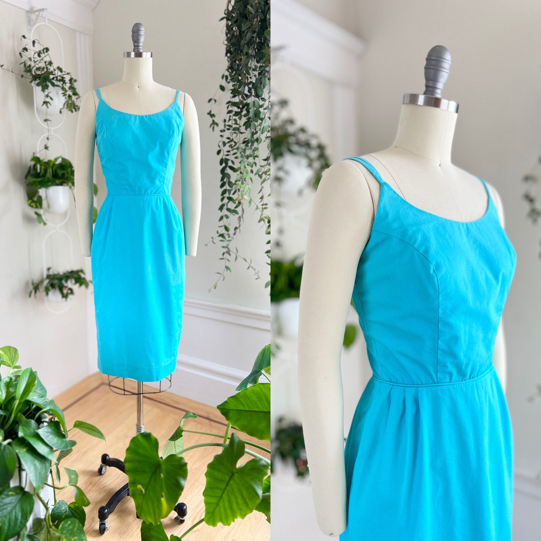 Vintage 1950s 1960s Sundress | 50s 60s Blue Cotton Spaghetti Strap ...