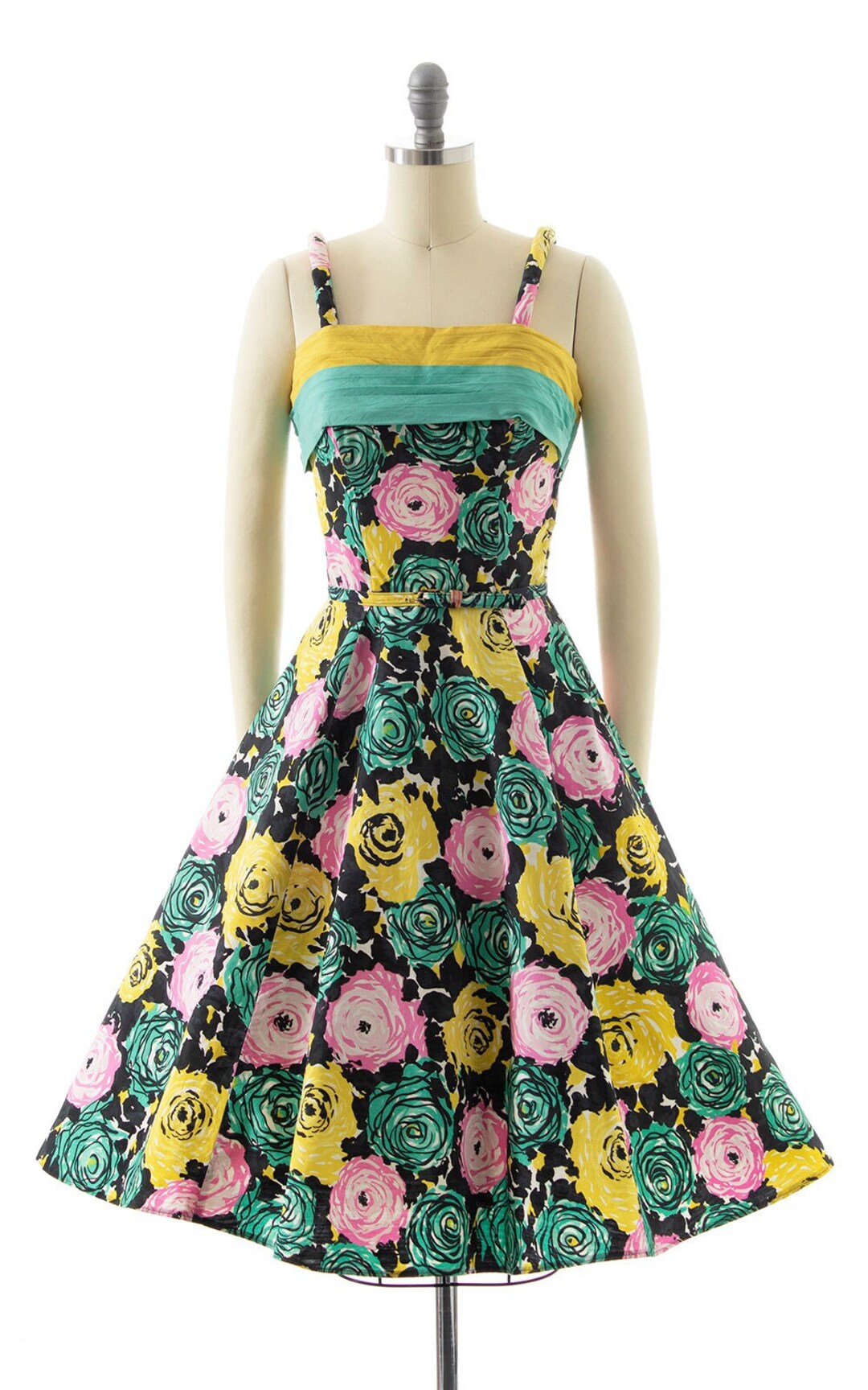 Vintage 1950s Sundress 50s Rose Floral Printed Cotton Corded Straps ...