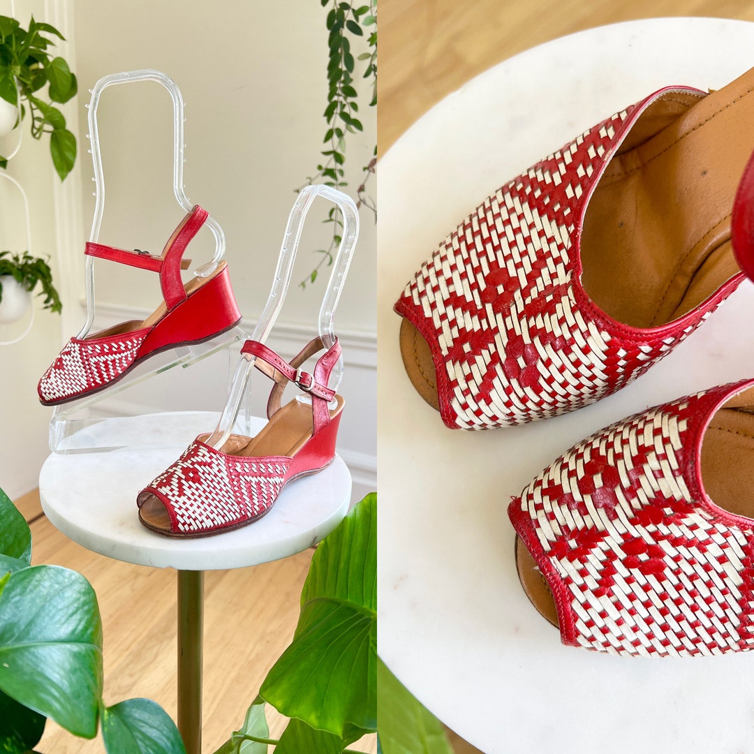 Vintage 1940s 1950s Sandals | 40s 50s Woven Leather Red White Wedge ...