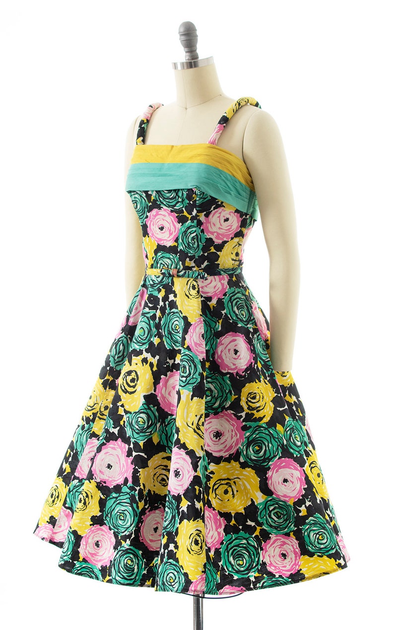 Vintage 1950s Sundress | 50s Rose Floral Printed Cotton Corded Straps ...