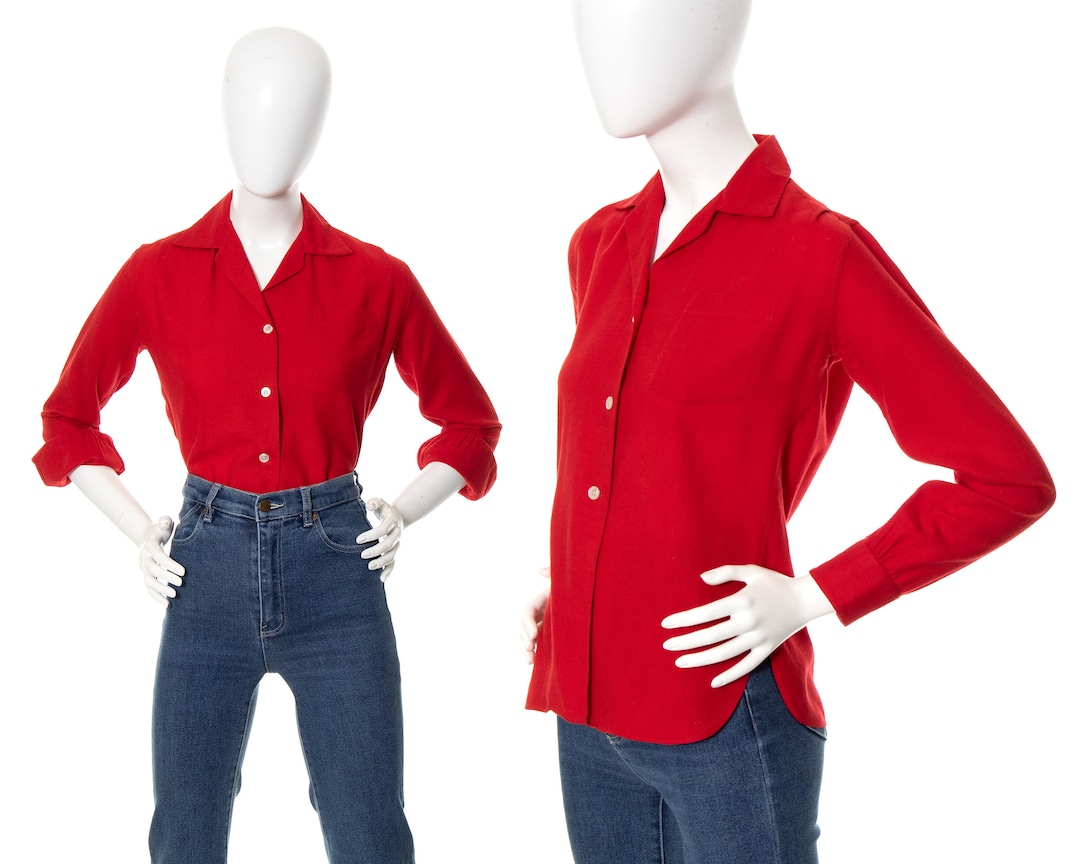 Vintage 1950s Blouse | 50s Red Wool Cotton Button up "man Tailored ...