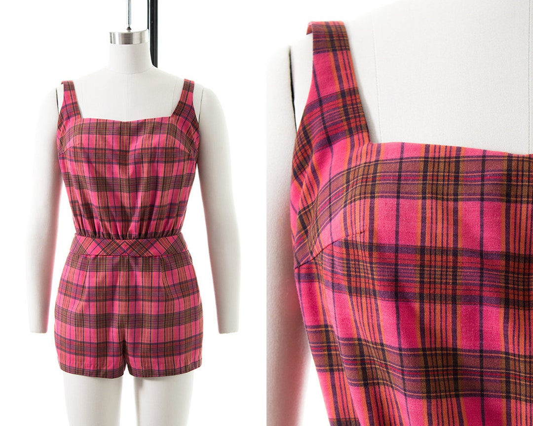 Vintage 1950s Romper | 50s Pink Plaid Cotton Belted Shorts Playsuit ...
