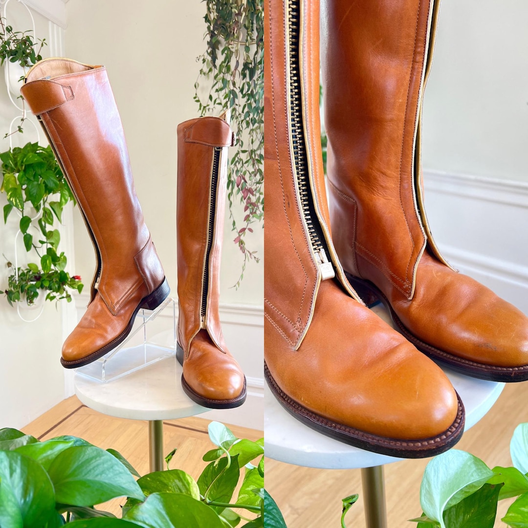 Vintage 1970s Campus Boots | 70s Caramel Brown Leather Knee High Boho ...