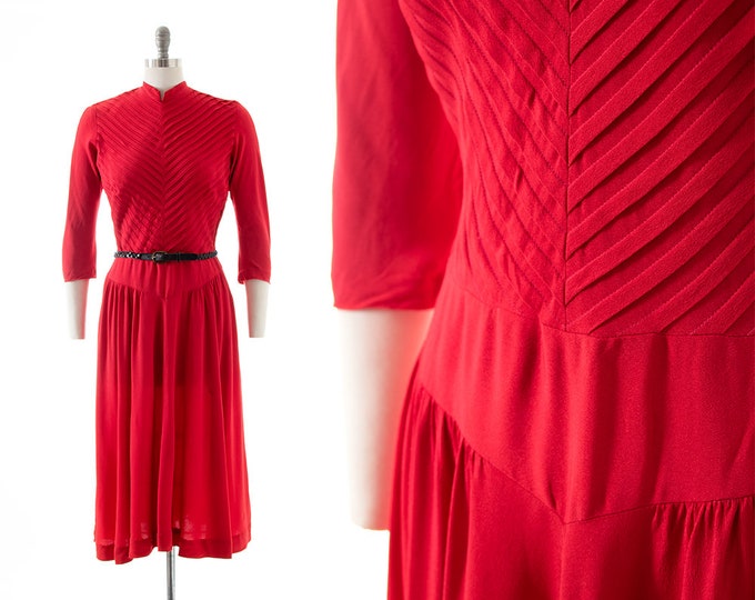 Vintage 1940s Dress | 40s Red Rayon Pleated Fit and Flare Full Skirt ...
