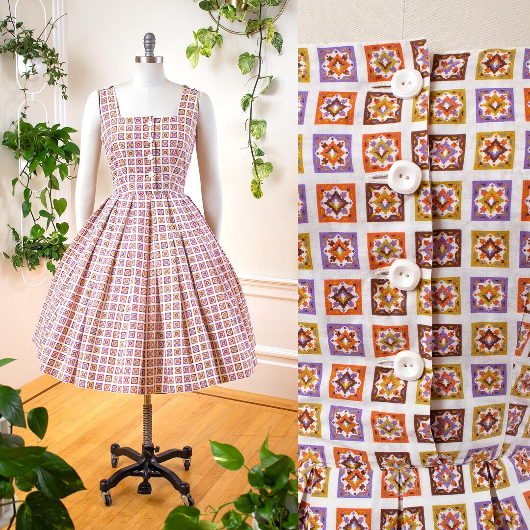 Vintage 1950s Sundress | 50s Geometric Printed Cotton Fit and Flare ...