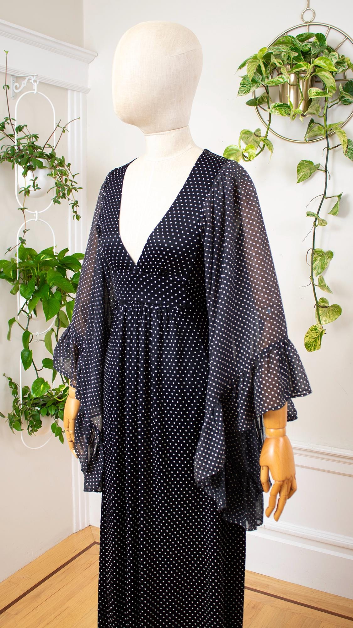 Vintage 1970s Maxi Dress | 70s Polka Dot Black Angel Sleeve Maxi ...