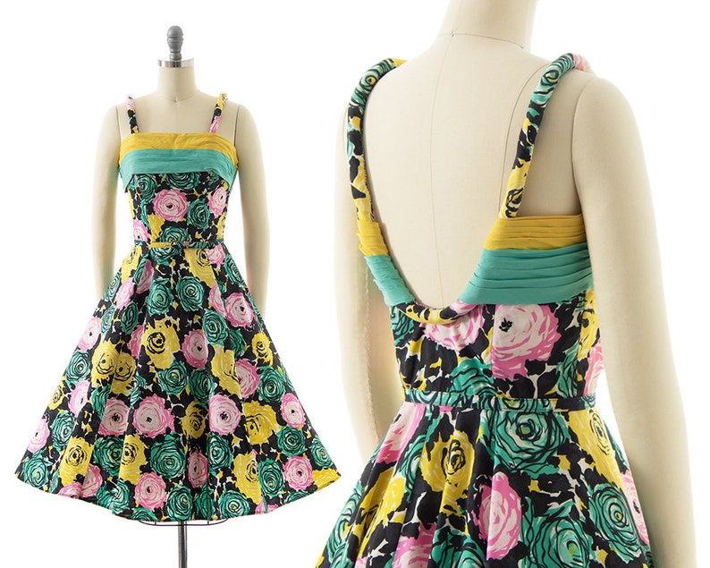 Vintage 1950s Sundress | 50s Rose Floral Printed Cotton Corded Straps ...