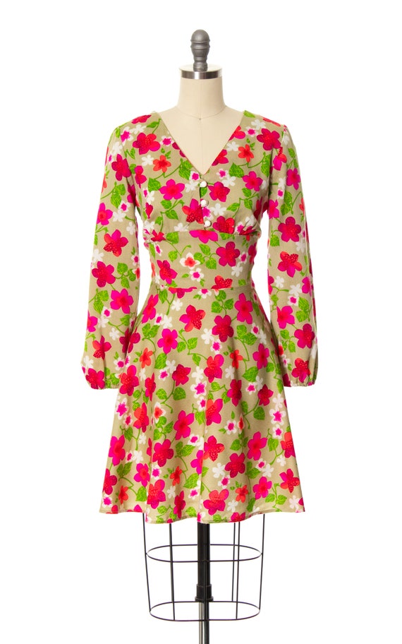 Vintage 1960s 1970s Mini Dress | 60s 70s Floral Print… - Gem