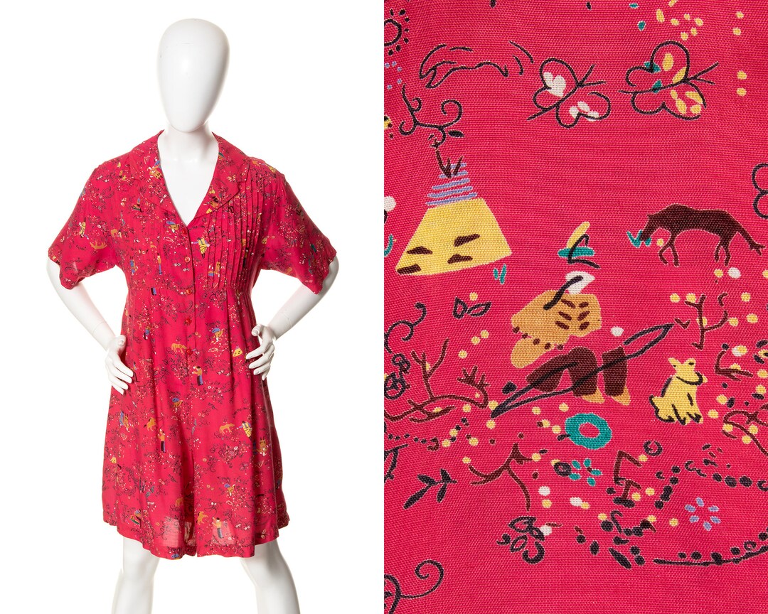 Vintage 1940s Romper | 40s Western Frontier Novelty Print Red Rayon Tie ...