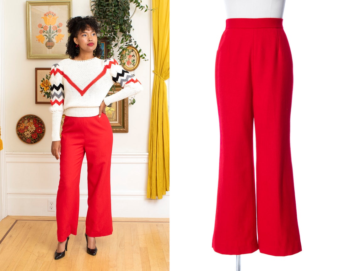 Vintage 1970s Pants | 70s Red Wool High Waisted Flared Trousers (x ...