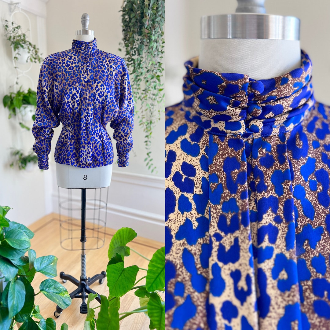 Vintage 1980s Blouse | 80s Leopard Animal Print Satin Cobalt Blue Long ...