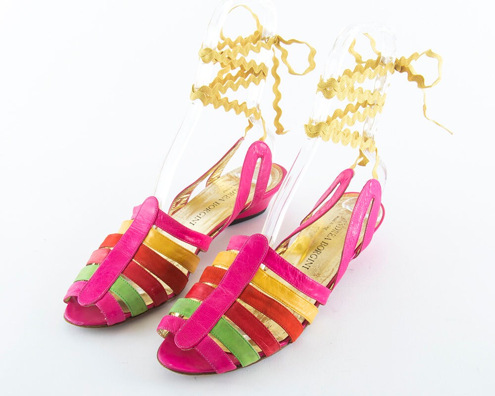 Vintage 1980s Sandals | 80s Strappy Leather Suede Rainbow Peep Toe Lace ...