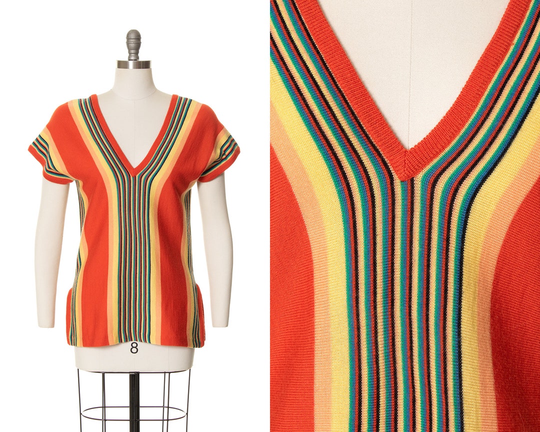 Vintage 1970s Sweater | 70s Rainbow Striped Knit Acrylic Pullover Retro ...