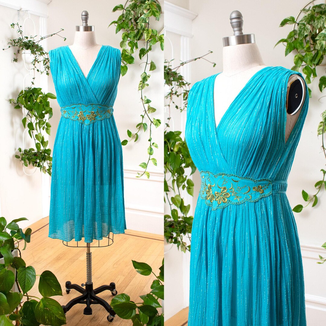 Vintage 1980s Sundress | 80s Metallic Gold Blue Gauze Grecian Greek ...