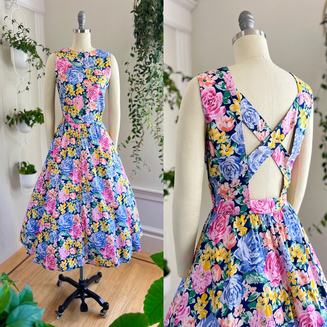 Vintage 1980s Sundress | 80s Open Back Criss Cross Floral Printed ...