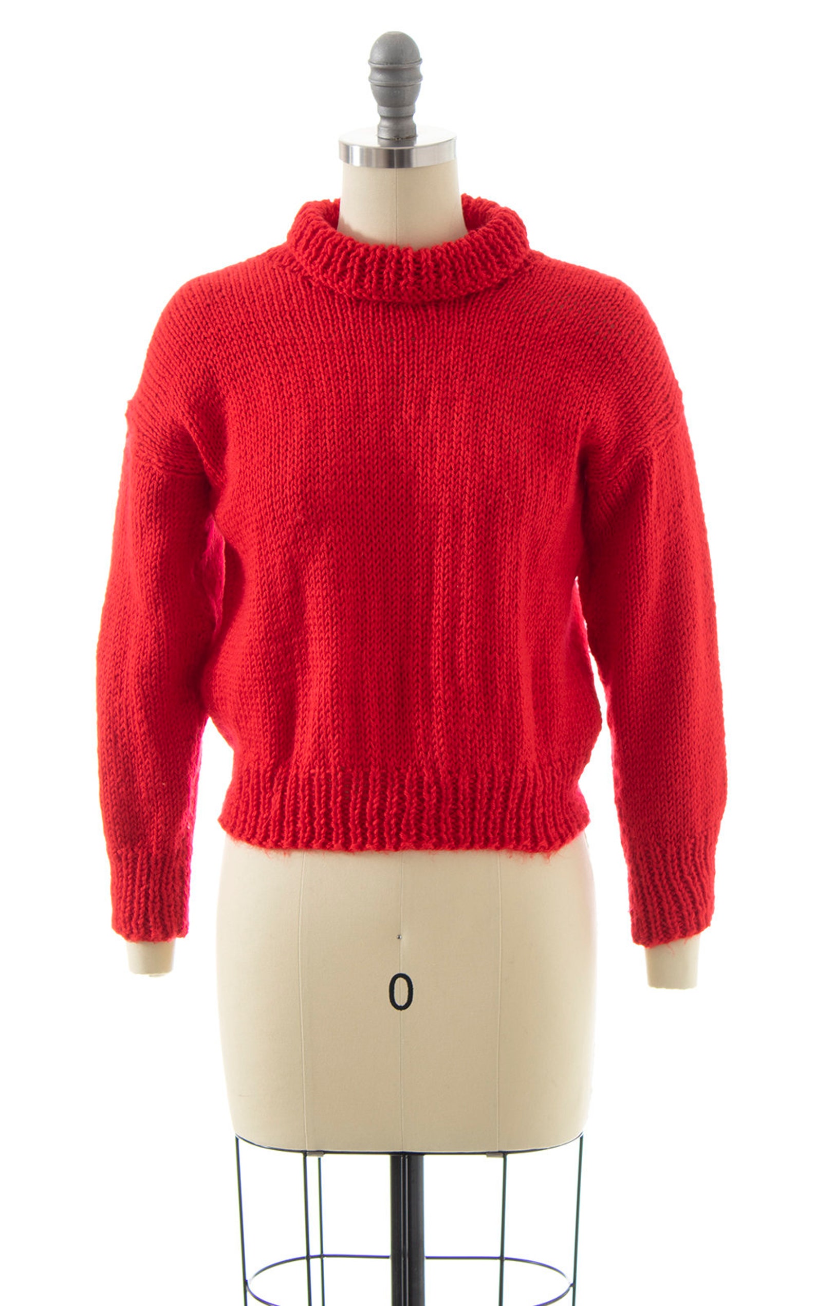Vintage Sweater | 70s 80s 90s Red Acrylic Knit Turtleneck Cropped Pull ...