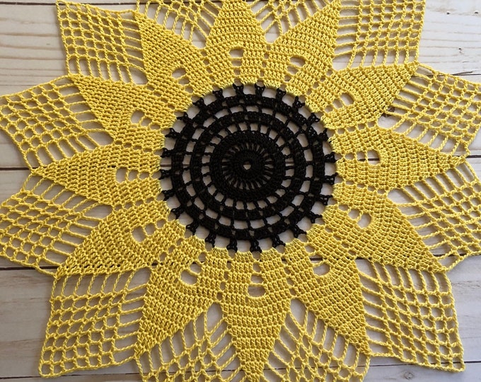Sunflower Doily, Handmade Crochet, Floral Doily, Black and Yellow ...